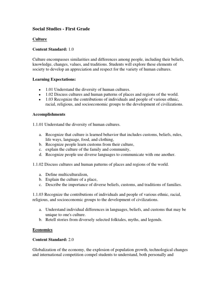 Social Studies - First Grade: Culture Content Standard: 1.0 | PDF ...