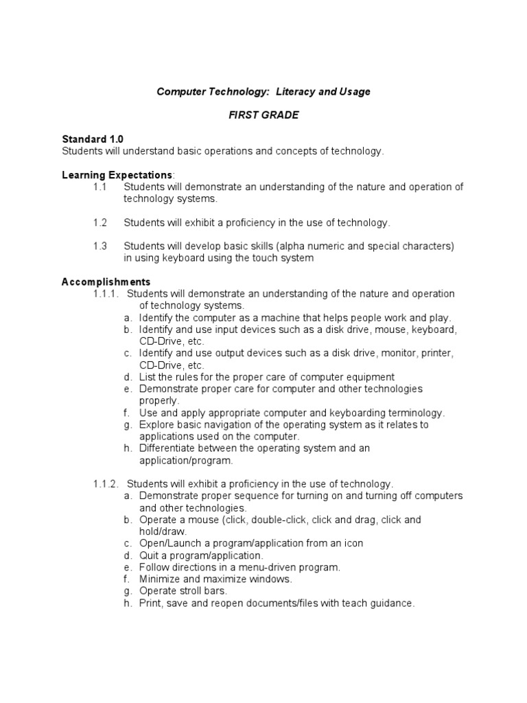 Standard 1.0: Computer Technology: Literacy and Usage First Grade | PDF ...