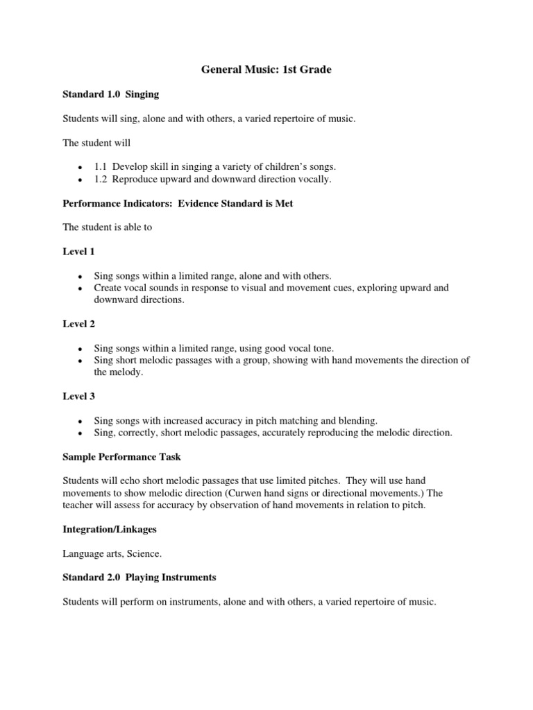 General Music: 1st Grade: Standard 1.0 Singing | PDF | Singing | Pitch ...