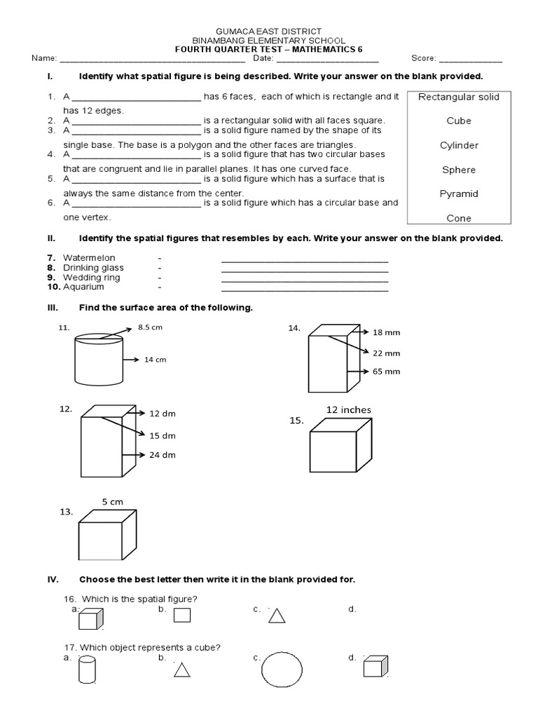 4th Periodical Test Mathematics 6 | PDF | Volume | Rectangle