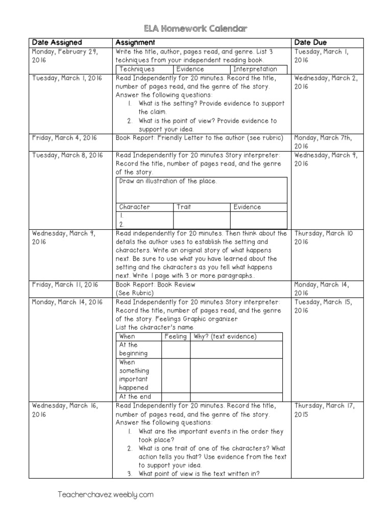 ELA Homework & Book Reports Calendar | PDF | General Fiction