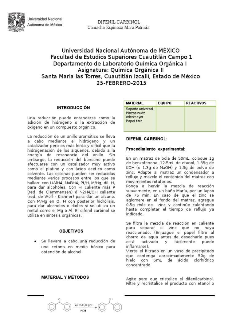 Reporte de Difenil Carbinol | PDF | Hidrogenación | Alcohol