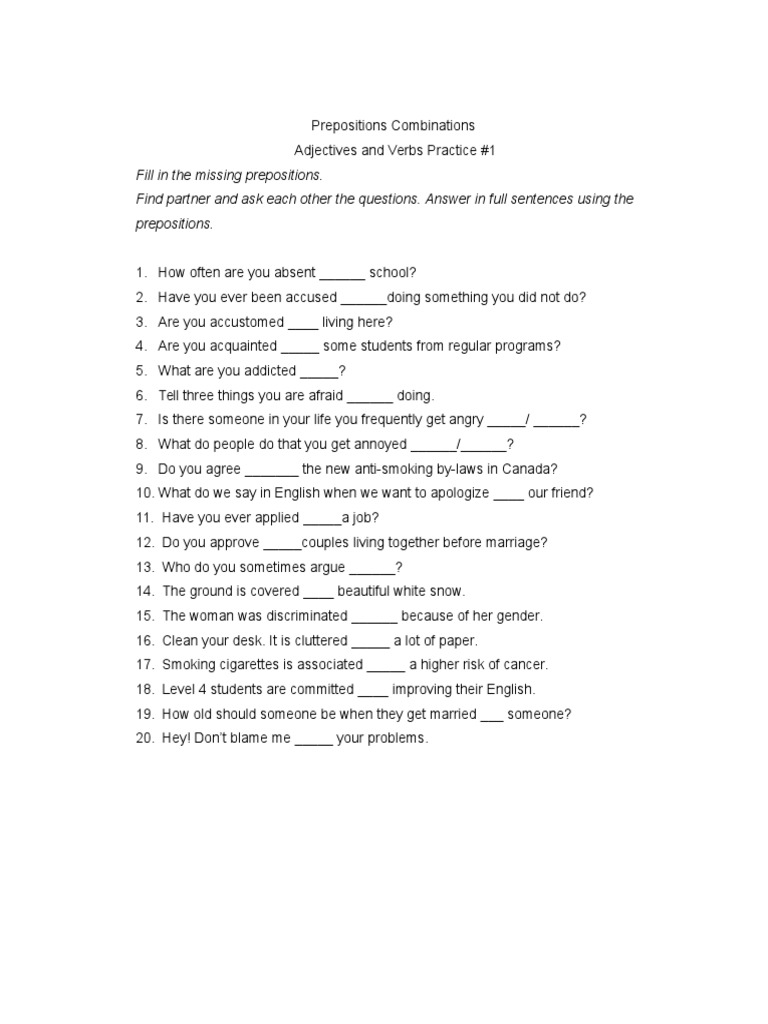 Prepositions With Adjectives and Verbs | PDF