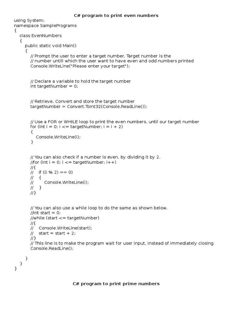 C# Program To Print Even Numbers | PDF | Command Line Interface | C ...