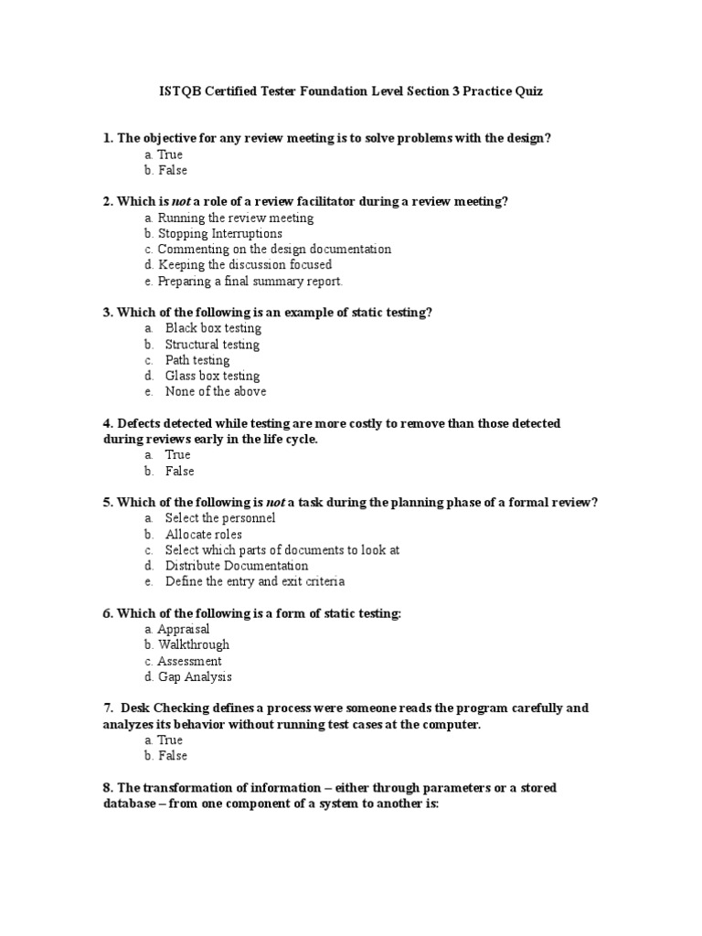 ISTQB CTFL Practice Quiz Overview | PDF | C (Programming Language ...
