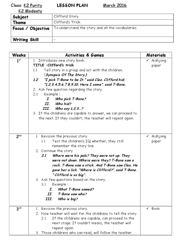 Clifford Story Lesson Plan K2 | PDF