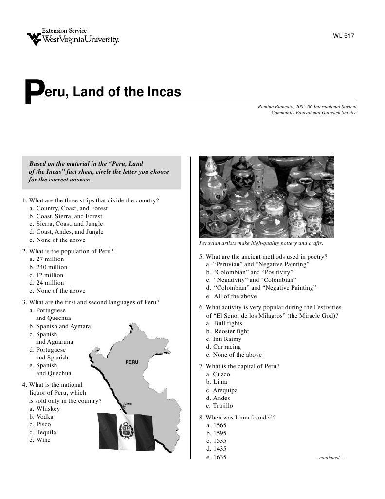 00 Peru, Land of The Incas Quiz | PDF | Peru | Inca Empire