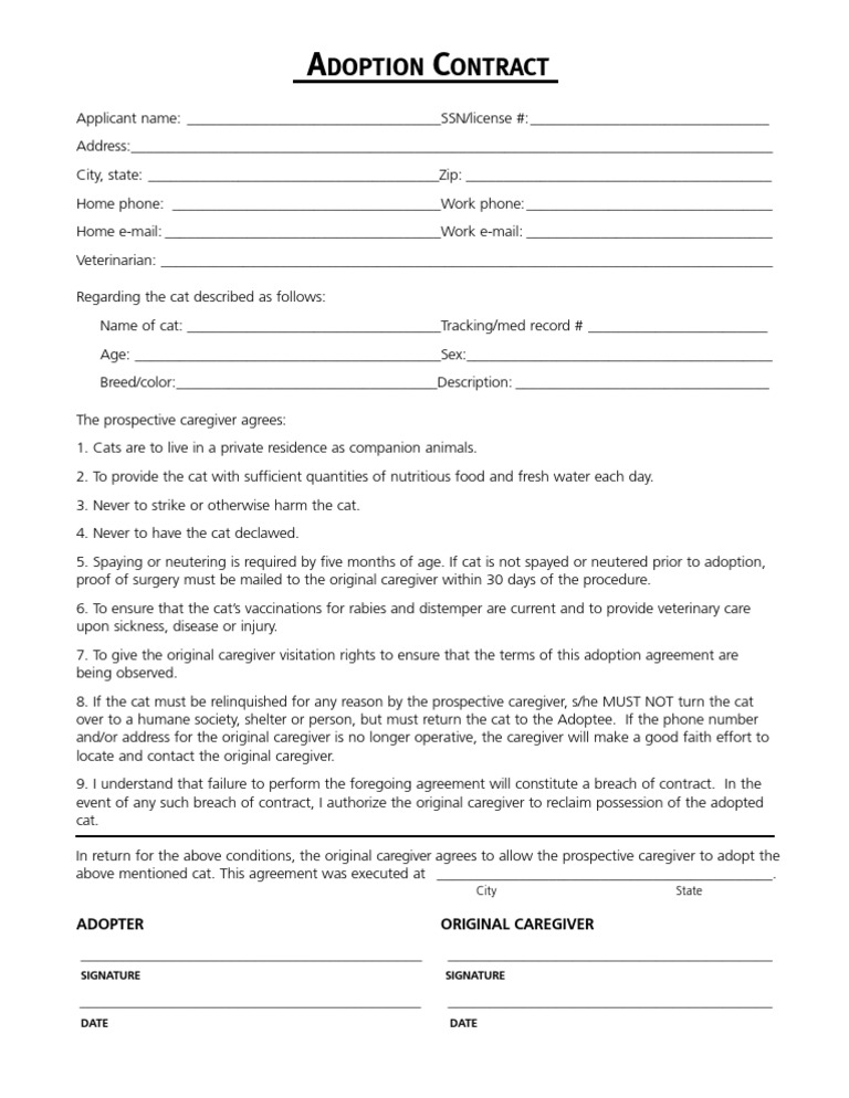 Cat Adoption Contract Template | PDF | Cats | Animal Welfare