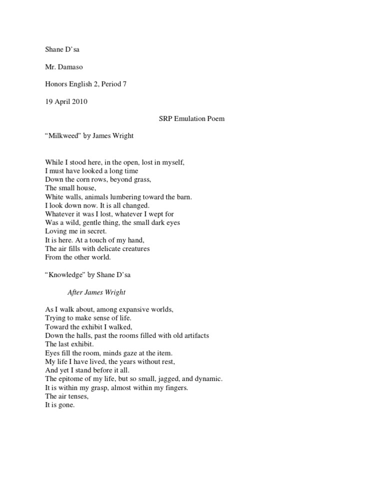 Emulation Poem Inspired by "Milkweed" | PDF | Poetry