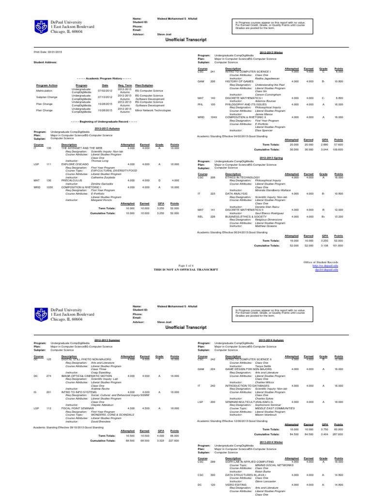 Unofficial Transcript | PDF | Grading (Education) | Liberal Arts Education