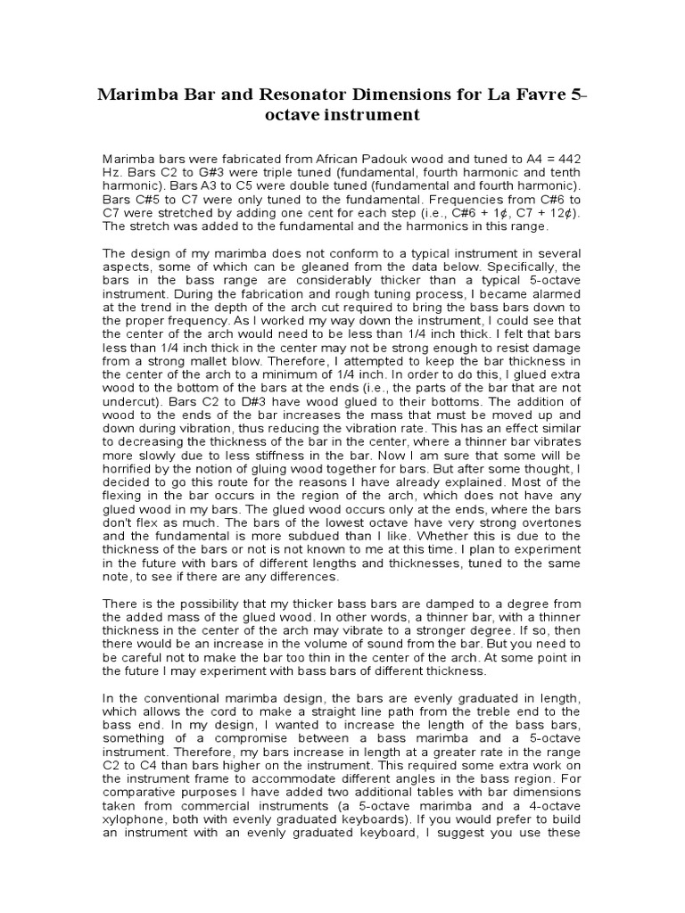 Marimba Bar and Resonator Dimensions | PDF | Harmonic | Musical Instruments