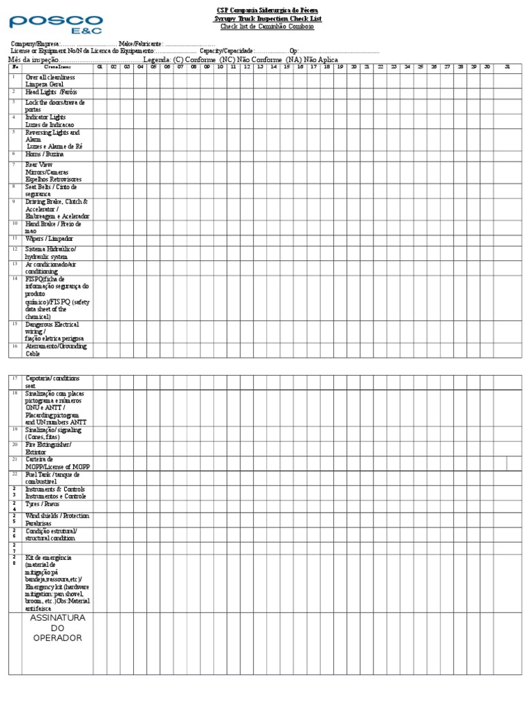 Chec]k List - Inspeção de Caminhão Comboio. Diário