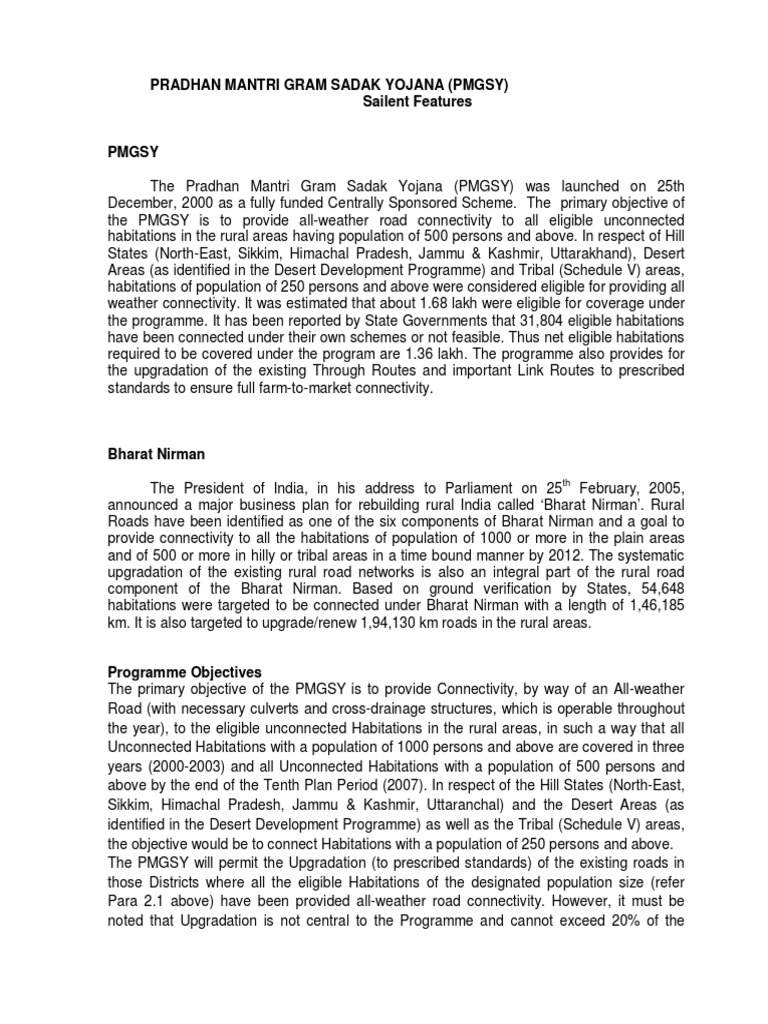 Salient Features of PMGSY | Download Free PDF | Road | Road Transport