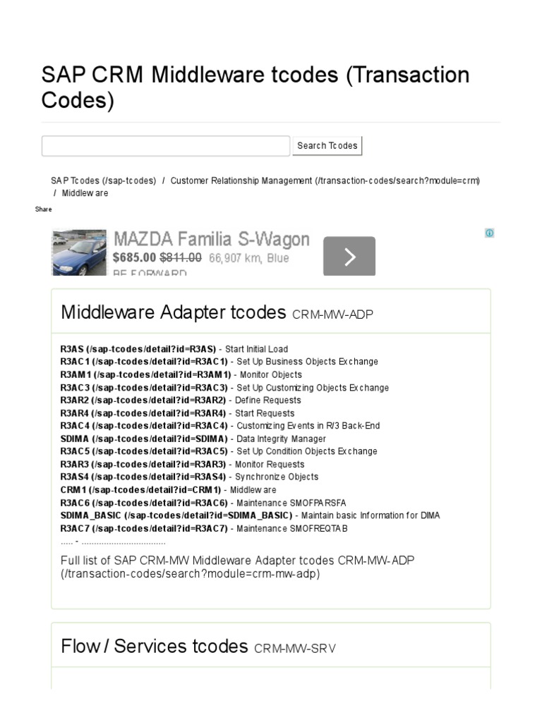 SAP CRM Middleware Tcodes (Transaction Codes) PDF | PDF | Customer ...