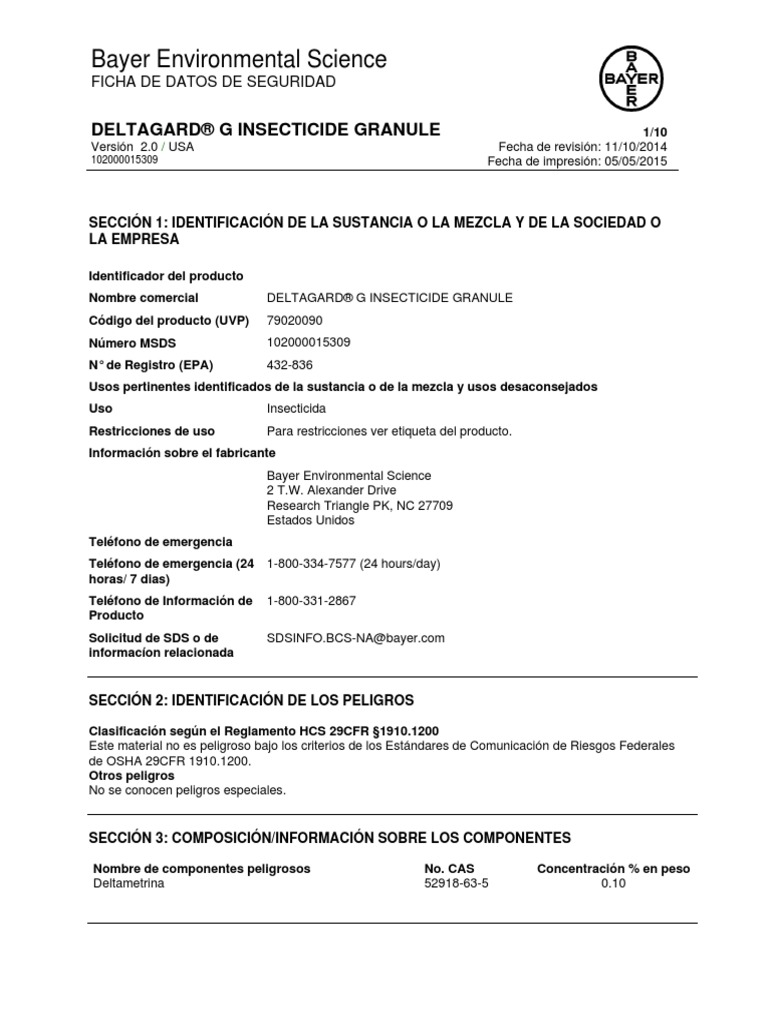 Deltagard - G - Insecticide - Spanish Hoja de Seguridad Ejemplo | PDF ...