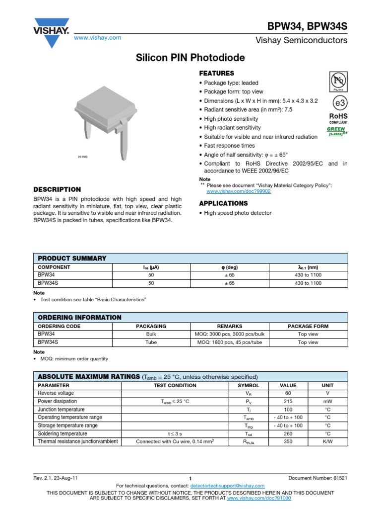 bpw34 Datasheet | PDF | Electrical Engineering | Electromagnetism
