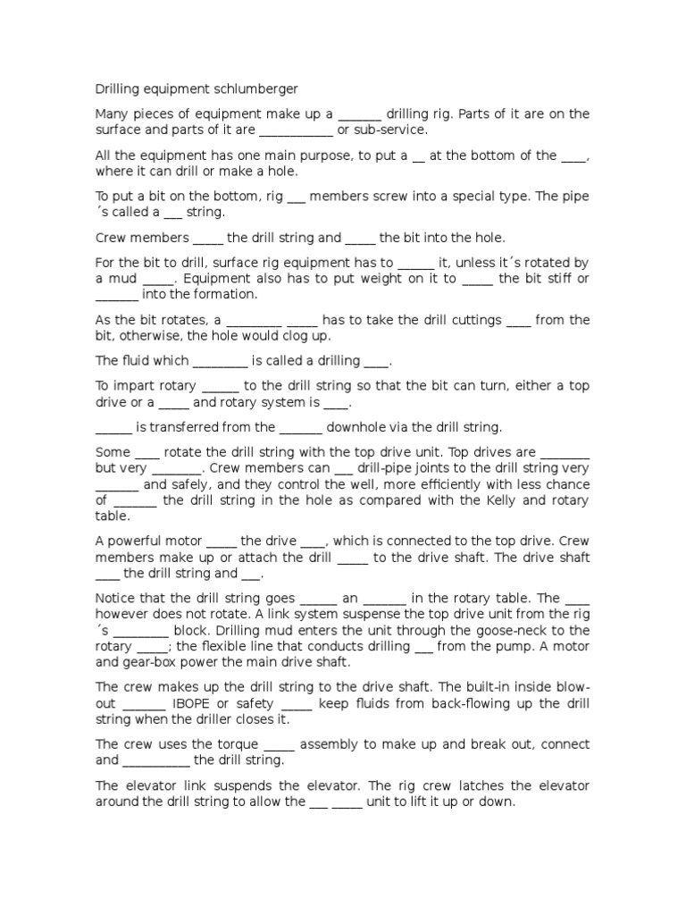 Drilling Equipment Schlumberger Worksheet | PDF | Drilling Rig | Pipe ...