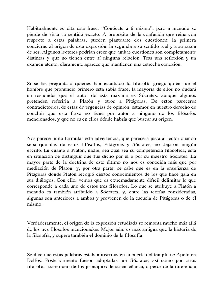 Origen y significado de "Conócete a ti mismo" | PDF | Platón | Conocimiento
