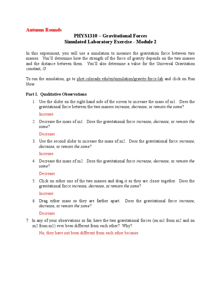 PHYS1310 Gravity Force Lab Simulation | PDF | Mass | Gravity