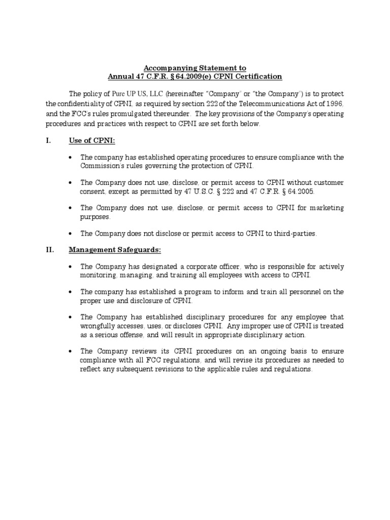 FCC CPNI - Statement - Pure IP PDF | PDF | Federal Communications ...