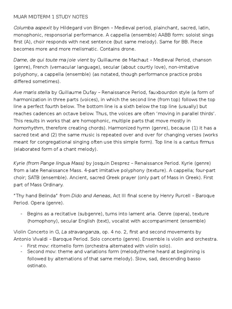 Muar 211 Midterm 1 Study Notes | PDF | Baroque Music | Choir