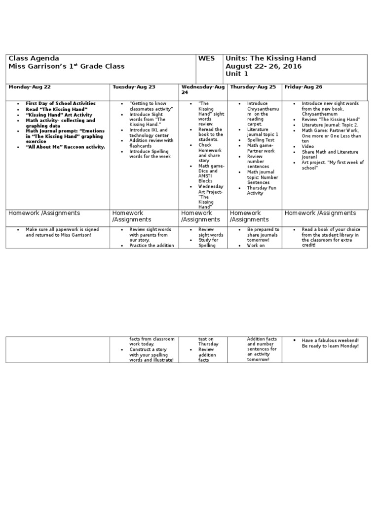 1st Grade Class Agenda: Kissing Hand Unit | PDF | Language Arts ...