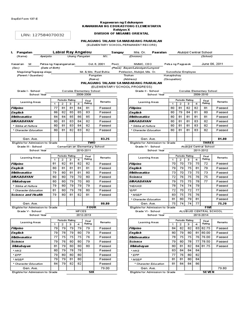 DepEd Form 137-E Permanent Record | PDF