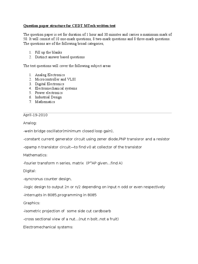 Question Paper Structure For Cedt Mtech Written Test | PDF | Teaching ...
