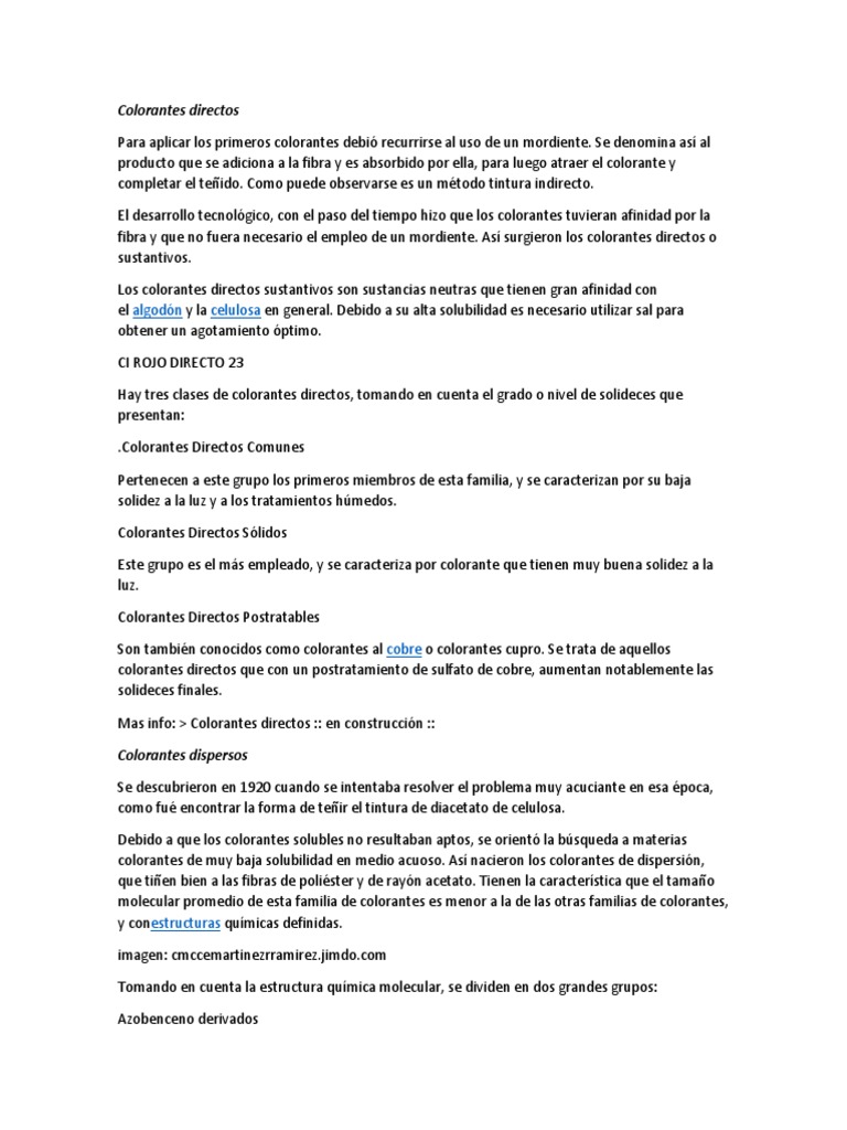 Colorantes Directos: Tipos y Aplicaciones | PDF | Azufre | Solubilidad