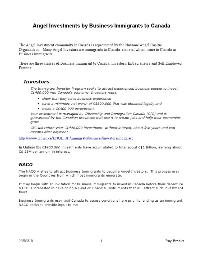 Business Immigrant NACO Brief | PDF | Angel Investor | Investing
