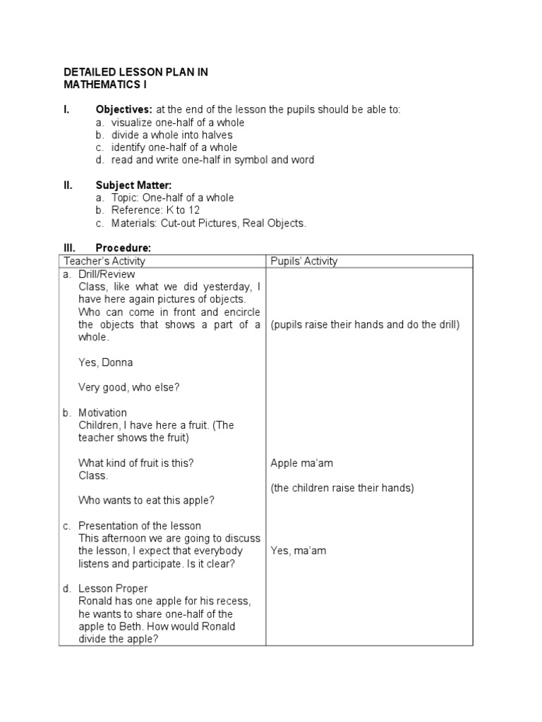 Detailed Math Lesson Plan: One-Half | PDF | Lesson Plan | Epistemology