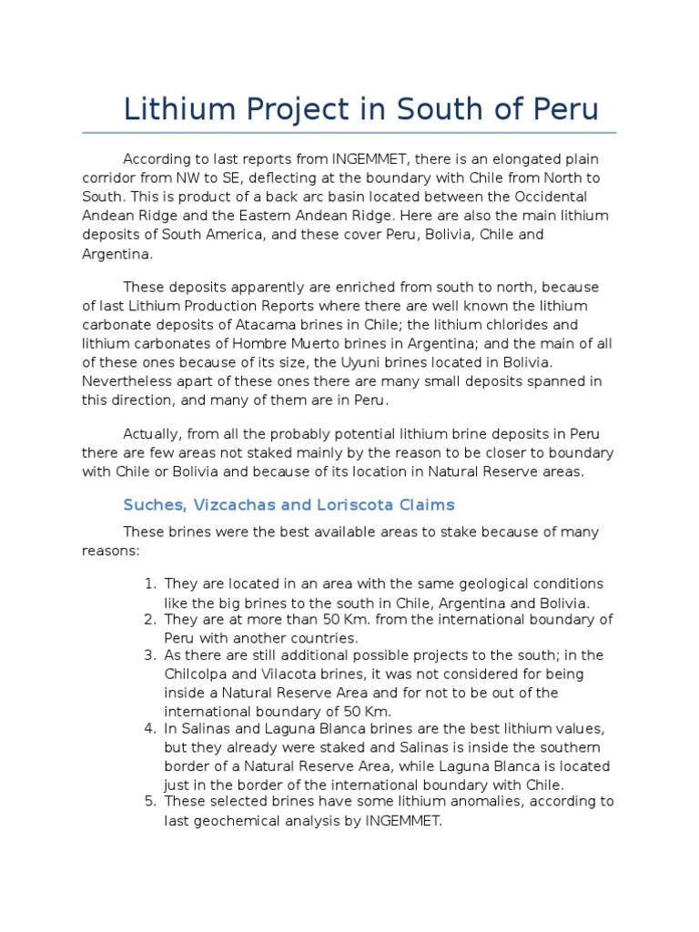 Lithium Project in South of Peru | PDF | Lithium | Andes