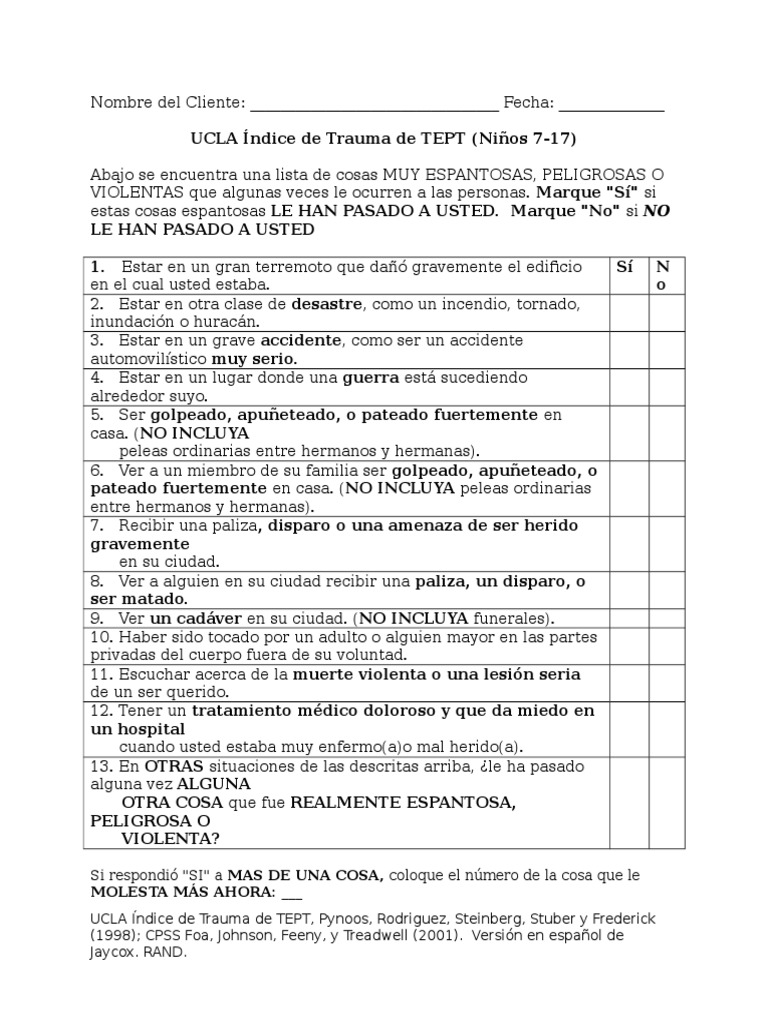 UCLA Indice de Trauma de TEPT para NNA | PDF | Trauma psicólogico ...