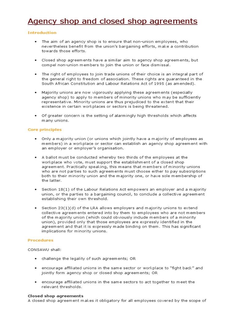 Agency vs. Closed Shop Agreements | PDF | Trade Union | Labor Relations