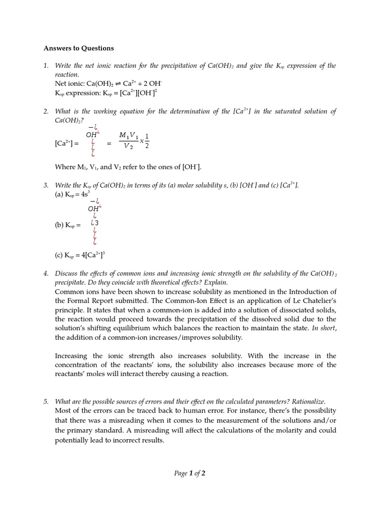 Determination of The Solubility Product Constant of Calcium Hydroxide | PDF