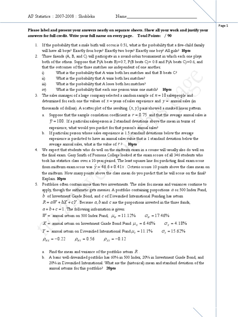 Ap Statistics Final Exam / Fall2007 | PDF | Standard Deviation | Mean