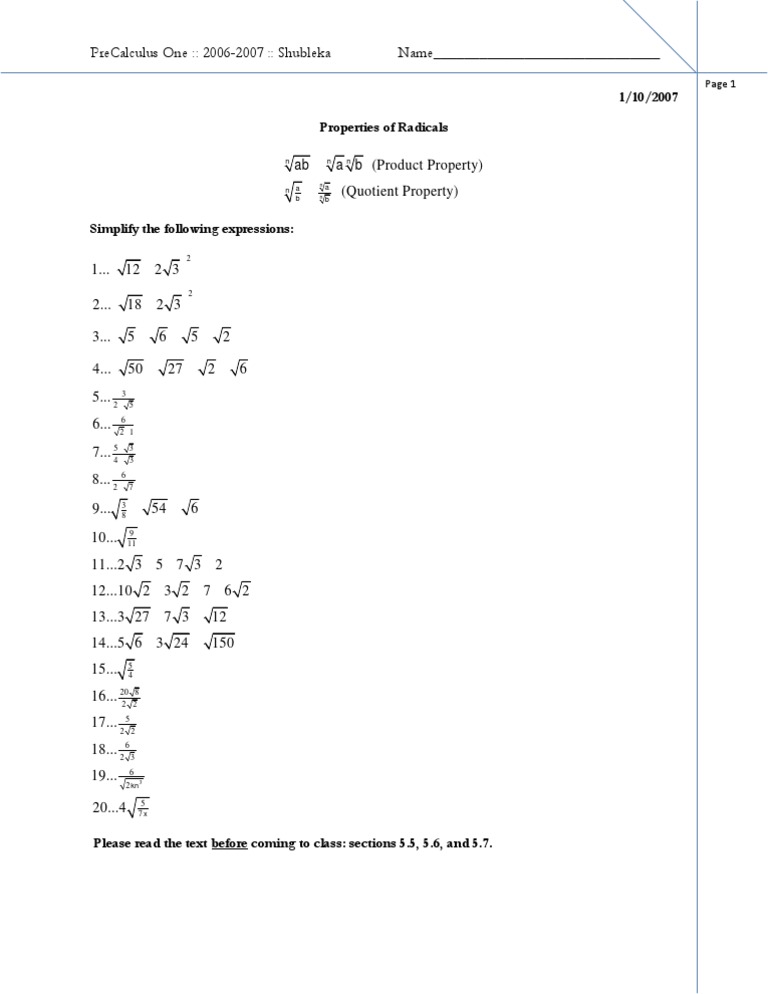 Properties of Radicals in PreCalculus | PDF