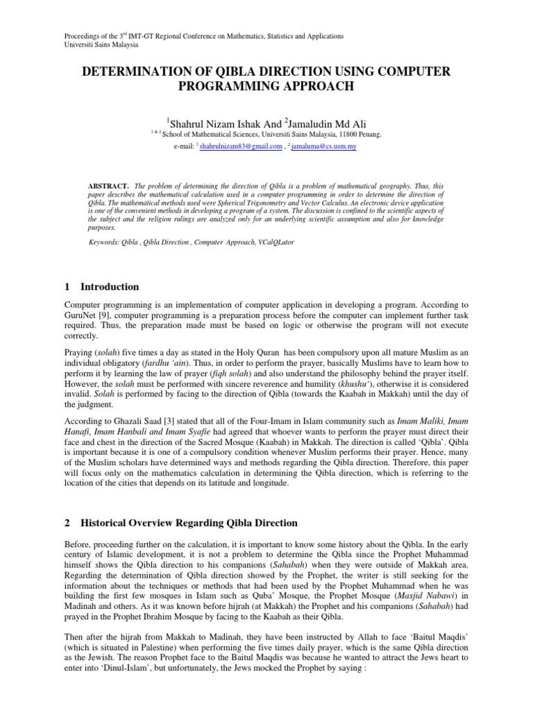 Determination of Qibla Direction Using Computer Programming Approach | PDF | Trigonometric ...