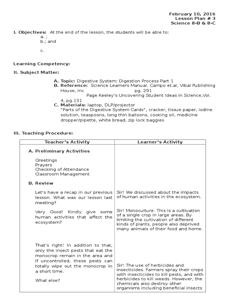 Digestive System Lesson Plan | PDF | Human Digestive System | Saliva