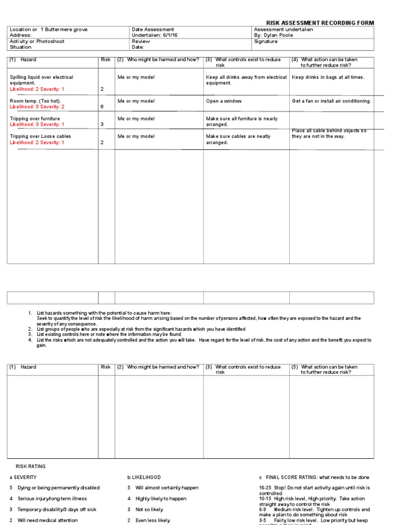 Risk Assessment Recording Form | PDF | Science & Mathematics