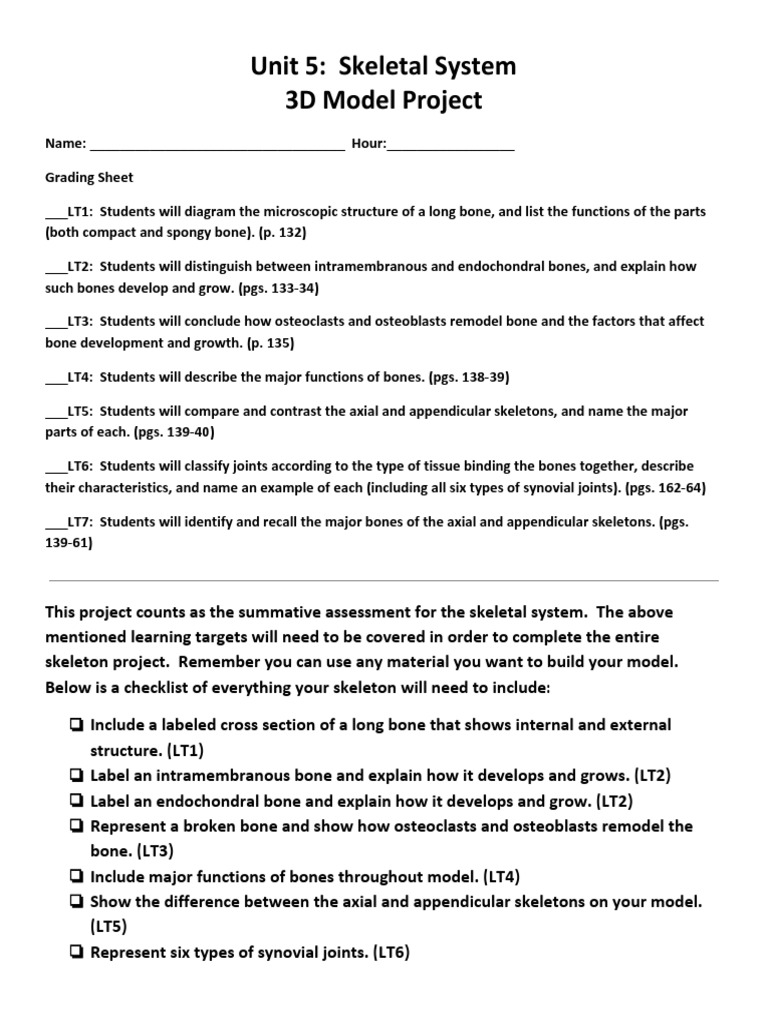 Unit 5: Skeletal System 3D Model Project | PDF