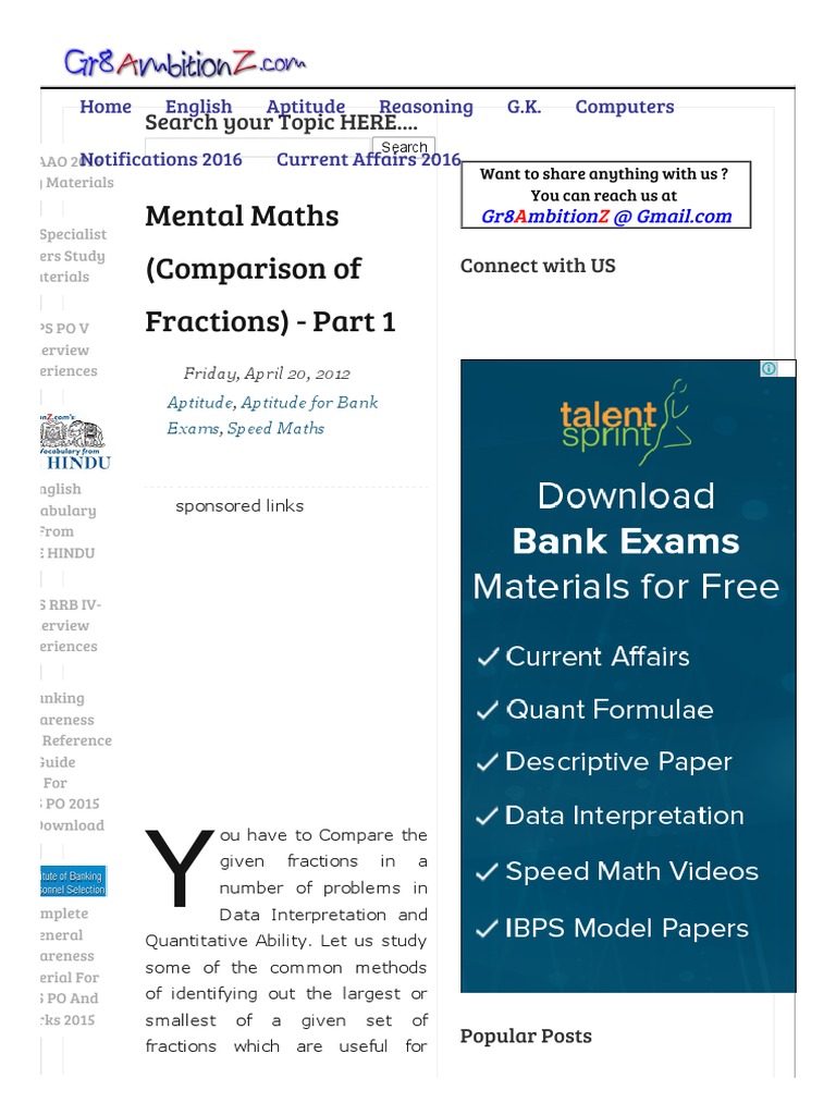 Mental Maths (Comparison of Fractions) - Part 1 - Gr8AmbitionZ PDF ...