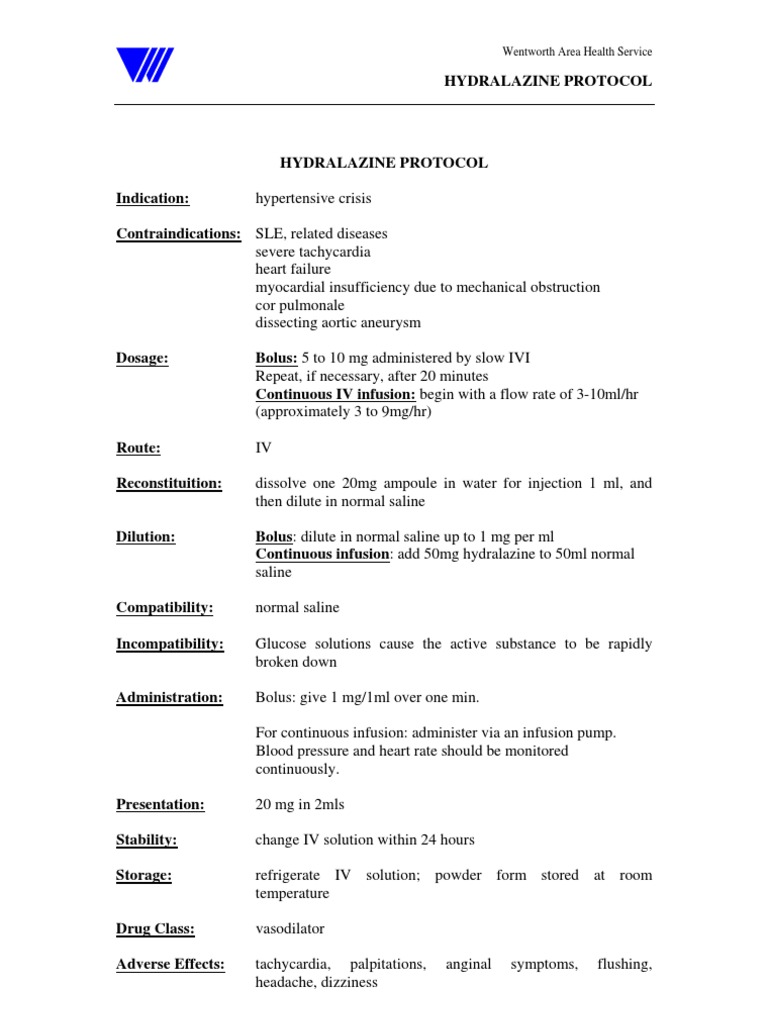 Hydralazine IV Administration Protocol | PDF