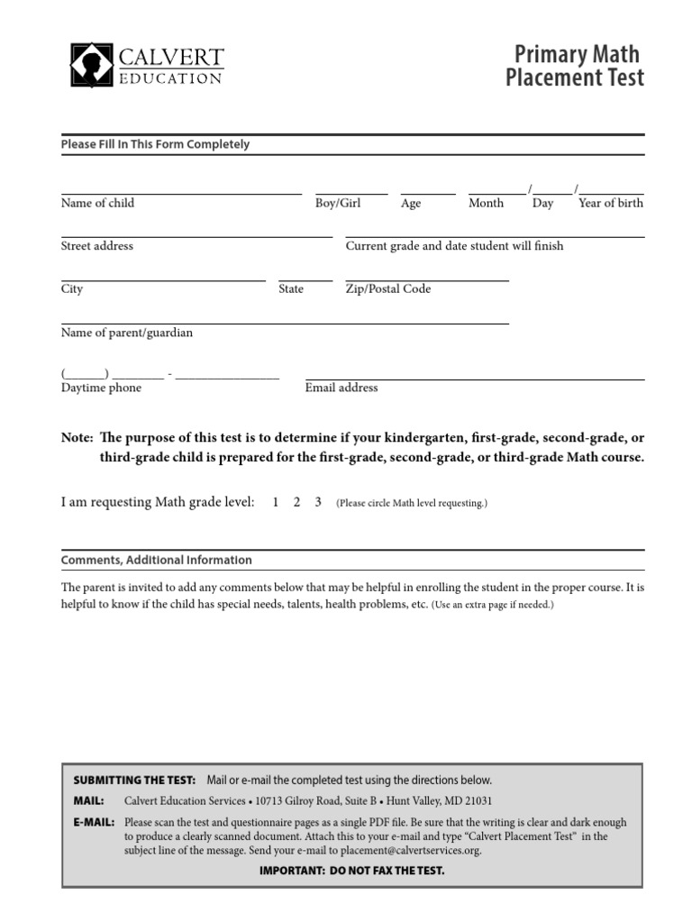 Primarymath Placement Test Grade 1 | PDF | Email | Mail