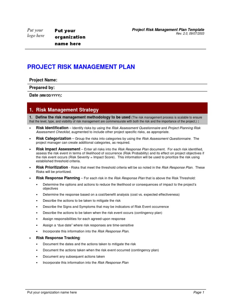 Risk Management Plan Template | Civil Law (Legal System) | Private Law