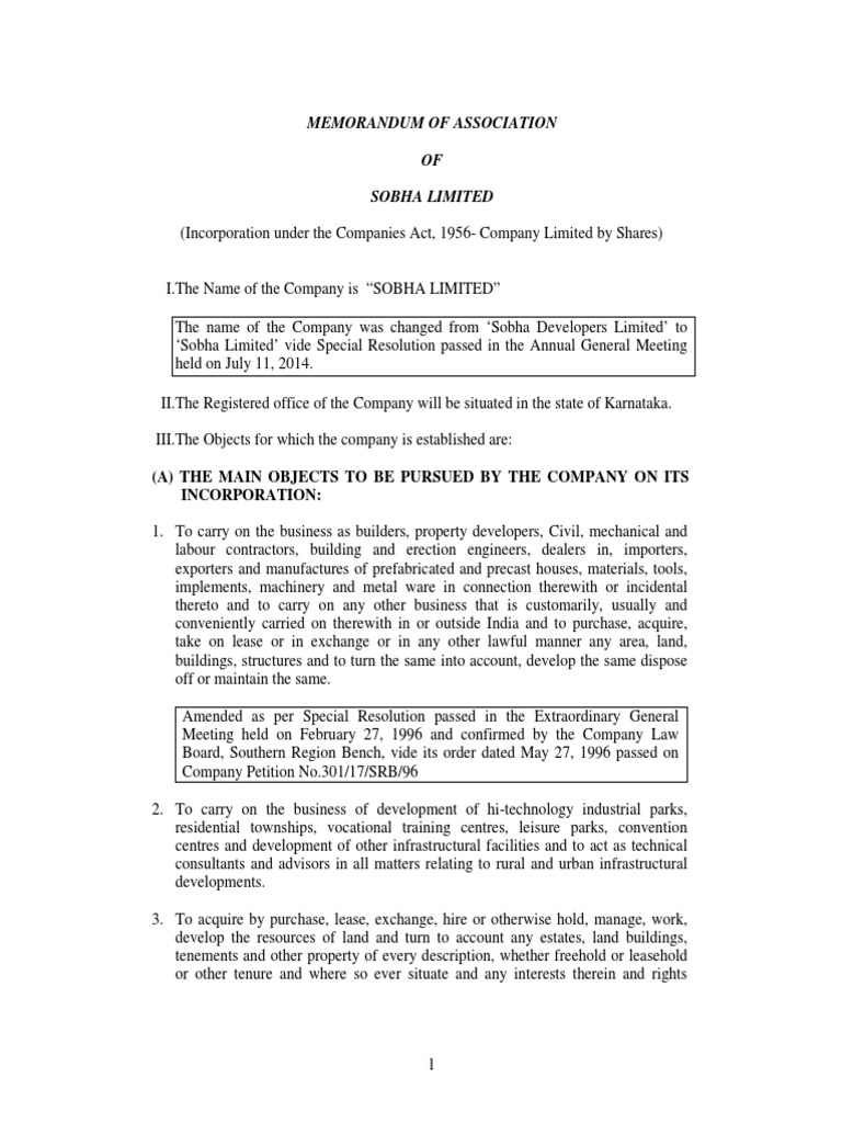 Memorandum-Association of Construction Company-takeovr of Propritary ...