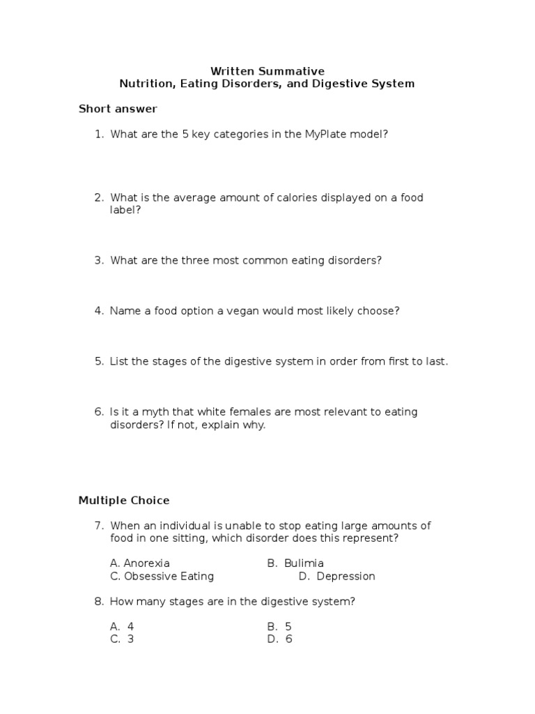 Nutrition and Eating Disorders Quiz | PDF | Wellness | Science ...