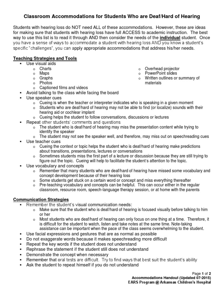 Accommodations Classroom For Students Who Are Deaf or Hoh | PDF ...