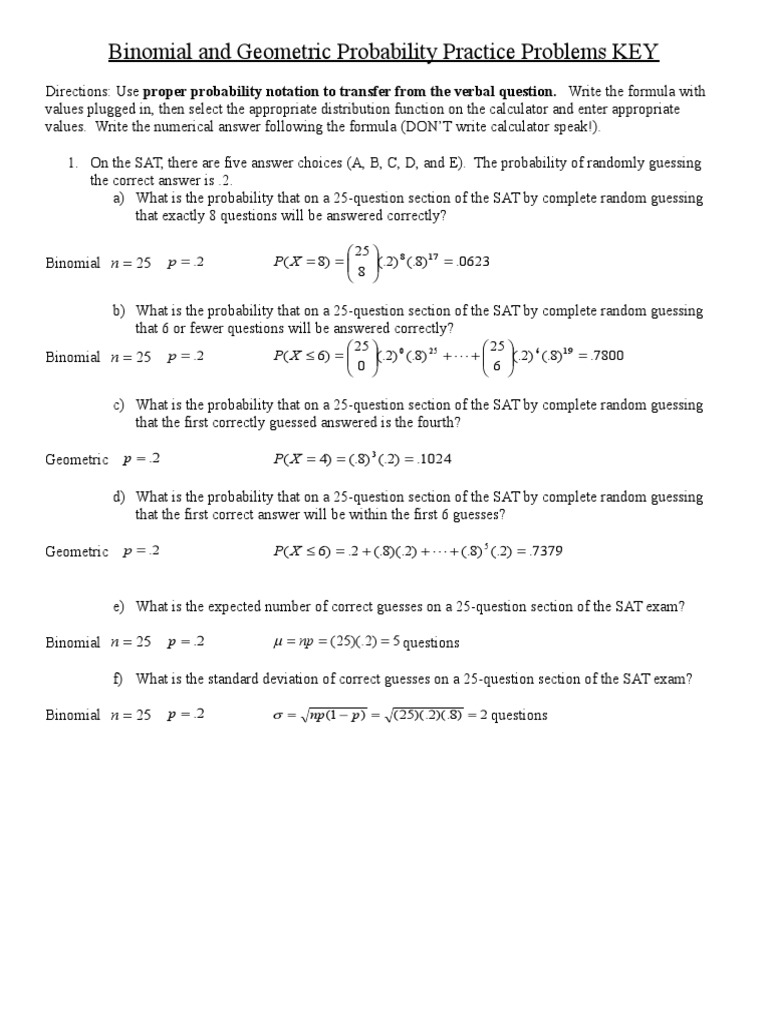 Binomial and Geometric Probability Key | PDF | Sat | Test (Assessment)