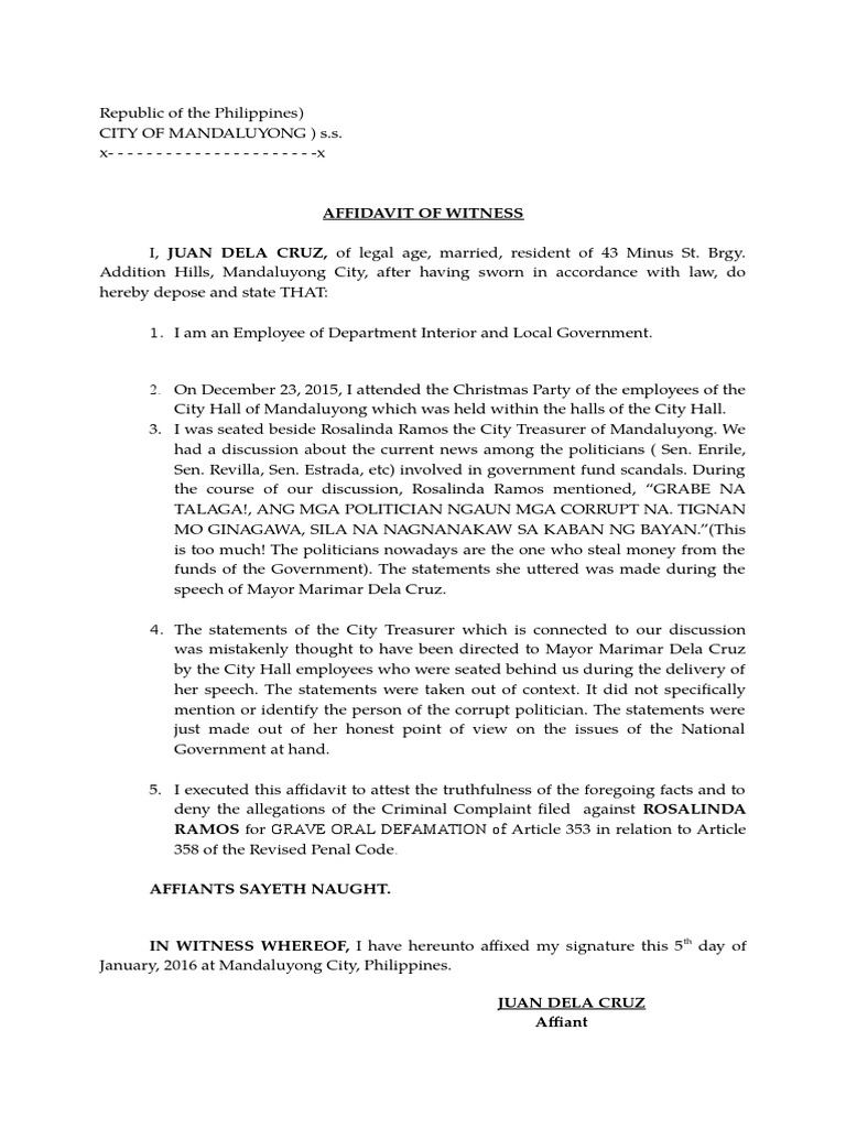 Affidavit of Witness Defense